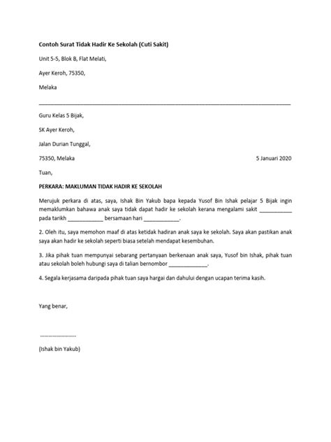 Contoh Surat Tidak Hadir Ke Sekolah Pdf