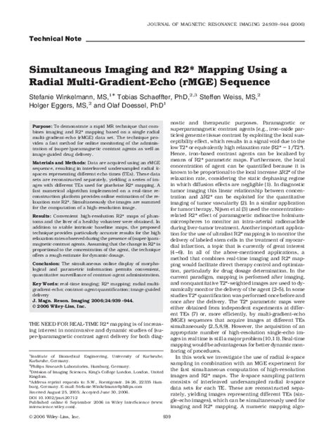 Pdf Simultaneous Imaging And R2 Mapping Using A Radial Multi Gradient Echo Rmge Sequence