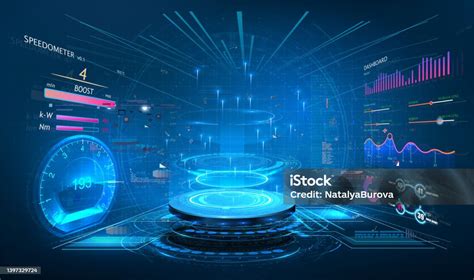 빈 파란색 네온 미래 무대와 플랫폼 환상적인 원형 포털 순간 이동 장치의 홀로그램 Hud 프로젝터 마법 포털 원형 순간 이동 연단 경기 스포츠에 대한 스톡 벡터 아트 및