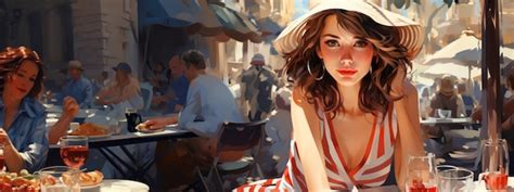 Premium Ai Image Woman In A Sun Hat Sitting In A Paris Cafe