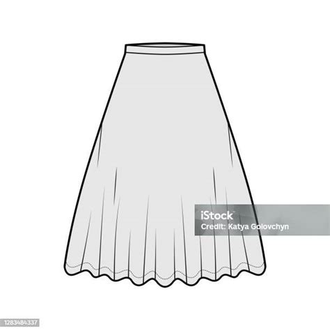 스커트 미디 라운드 테크니컬 패션 일러스트 와 무릎 길이 실루엣 원형 충만 얇은 허리 밴드 바닥 0명에 대한 스톡 벡터 아트 및