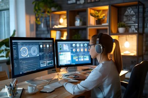 Young Woman Working On Data Analytics On Dual Monitors In Modern Home Office Premium Ai