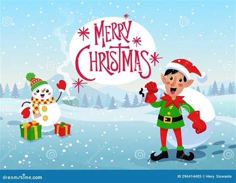 Happy Elf And Snowman Winter Background Stock Illustration