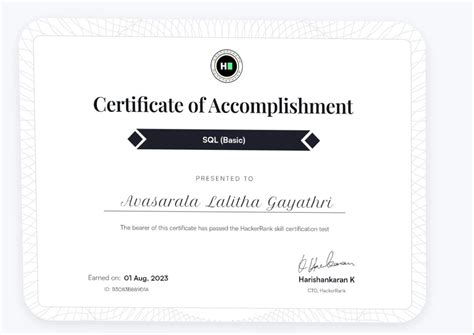 Completed Certification In Sql Basic In Hackerrank Avasarala Lalitha Gayathri