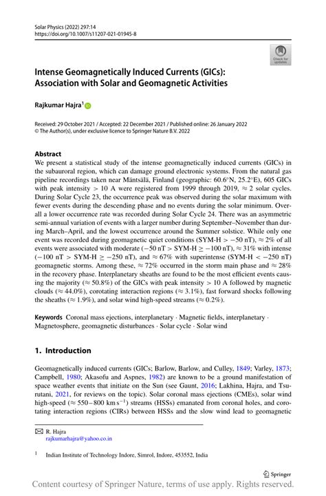Intense Geomagnetically Induced Currents Gics Association With Solar