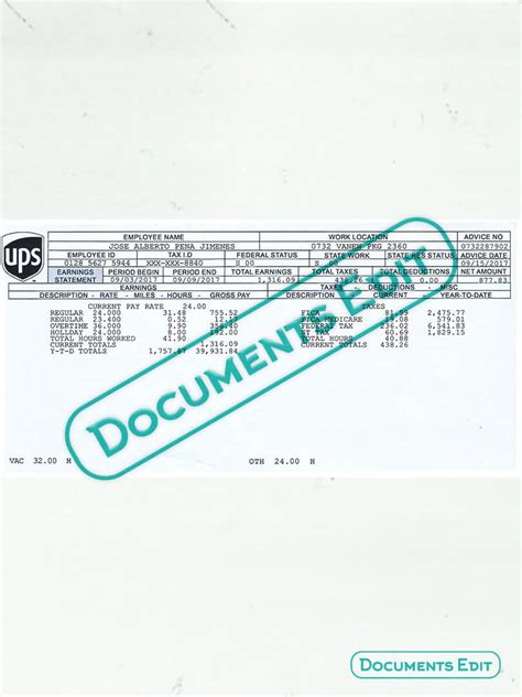 UPS Earnings Statement PSD Template Documents Edit