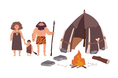 고대인 원시인 원시인 또는 고대 인간의 가족 어머니 아버지 아들이 거주지와 모닥불 옆에 서 있습니다 석기 시대 만화