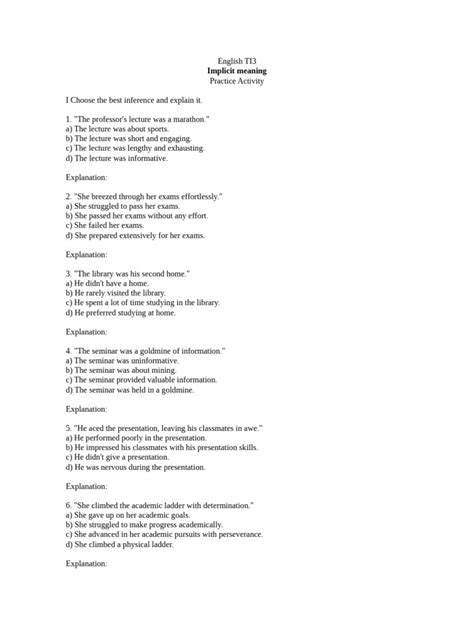 Implicit Meaning Practice Activity Pdf Psychology Psychological