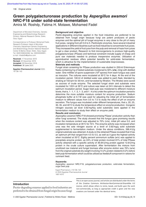 Pdf Green Polygalacturonase Production By Aspergillus Awamori Nrc F18 Under Solid State