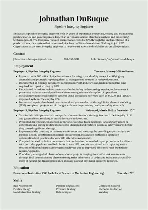 Pipeline Integrity Engineer Resume CV Example And Writing Guide