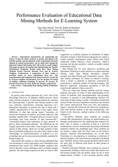 Pdf Performance Evaluation Of Educational Data Mining Methods For E Learning System