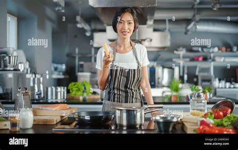 Tv Cooking Show Kitchen Asian Female Chef Talks About Ingredients
