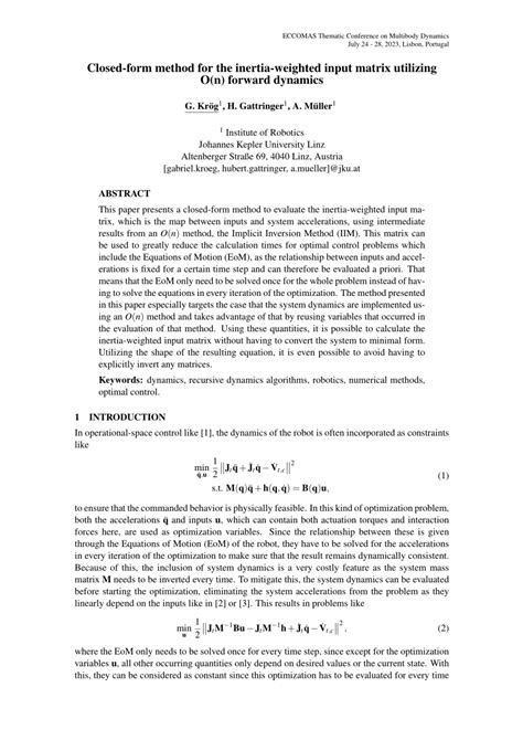 Pdf Closed Form Method For The Inertia Weighted Input Matrix Utilizing O N Forward Dynamics