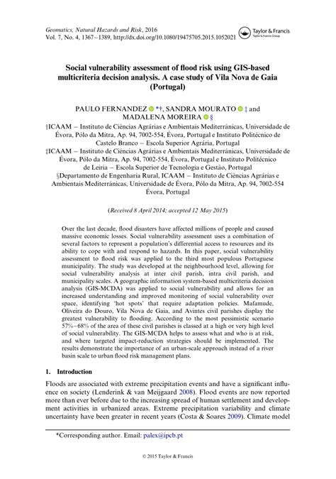 Pdf Social Vulnerability Assessment Of Flood Risk Using Gis Based Multicriteria Decision