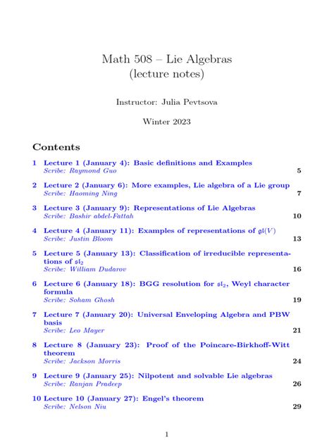 Lie Algebras Uw2023 Pdf Representation Theory Lie Algebra
