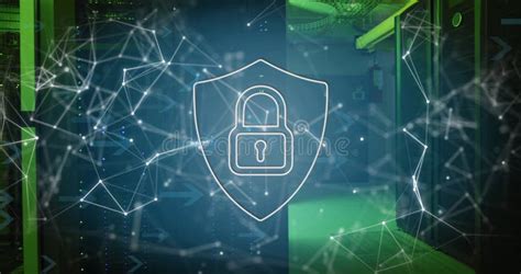 Security Padlock Icon And Network Of Connections Against Empty Computer Server Room Stock
