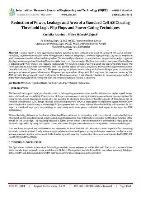 Irjet Reduction Of Power Leakage And Area Of A Standard Cell Asics Using Threshold Logic Flip