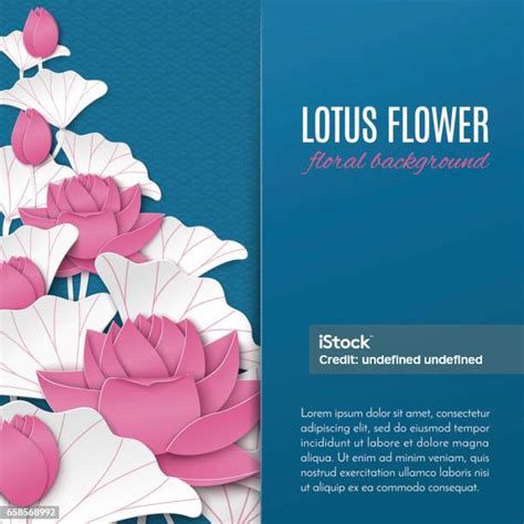 인사말 카드 포스터 배너 또는 사각형 플라이어 훈장에 대 한 배경으로 블루 패턴에 핑크 종이 로터스 꽃 장식으로 동양 꽃 배경 3차원 형태에 대한 스톡 벡터 아트 및 기타