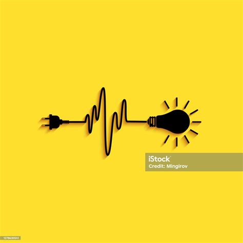 노란색 배경에 격리된 블랙 와이어 플러그 및 전구 아이콘입니다 하트 비트의 형태로 플러그 램프 및 코드를 연결합니다 전기 및 조명의 개념 긴 그림자 스타일 벡터 노랑에 대한