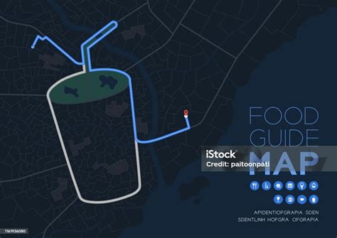 음식 가이드 방향지도 여행 아이콘 개념 복사 공간 벡터 Eps 10 회색 배경에 격리 된 야간 모드 그림에서 빨대 모양 디자인이