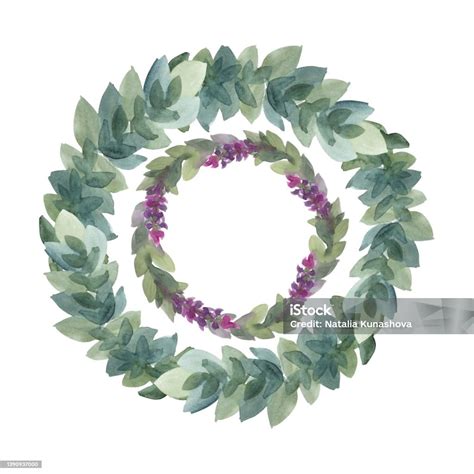수채화 원 프레임 테두리 템플릿디자인 꽃 라벤더 또는 라일락과 추상적 인 가지흰색 배경에 고립 된 잎 손으로 그린 여름 식물 결혼 초대를 위한 클립아트 0명에 대한 스톡