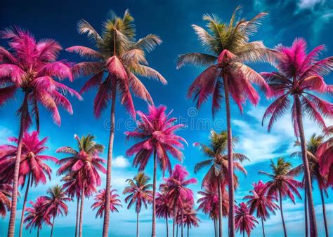 Stunning Panoramic View Of Pink Palm Trees Against A Vibrant Blue Sky A