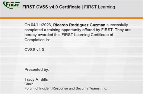 first cvss v4 0 certificate first learning ricardo armando rodriguez