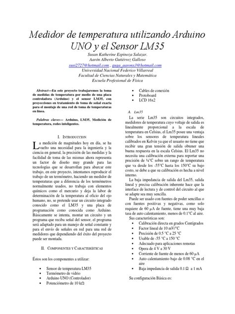 Medidor De Temperatura Utilizando Arduino Uno Y El Sensor Lm35 Pdf