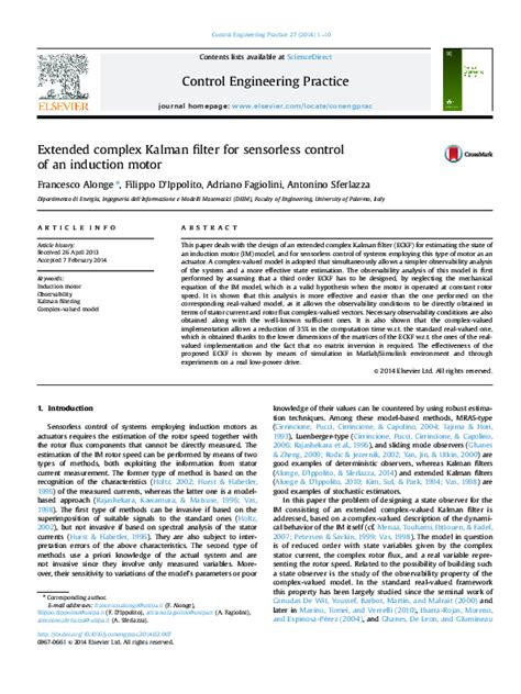 Pdf Extended Complex Kalman Filter For Sensorless Control Of An Induction Motor