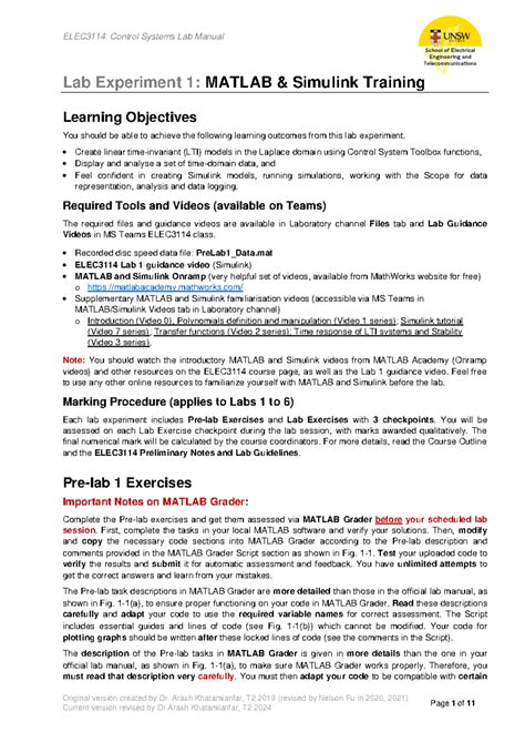 Elec3114 Lab Experiment 1 Elec3114 Control Systems Lab Manual