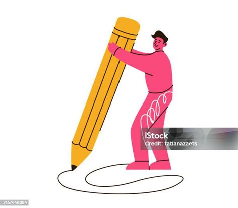 젊은 남자가 서서 거대한 노란색 연필을 들고 무언가를 쓰거나 그림을 그립니다 벡터 일러스트 레이 션 평면적 교육 개념 설계 흰색