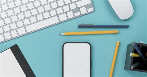 전화기 모형 화면 비즈니스 노트북 및 사무용품 컴퓨터 키보드 및 업무용 책상에 있는 마우스 미니멀리스트 작업 공간의 개념입니다 3d 렌더링 사진 Unsplash의