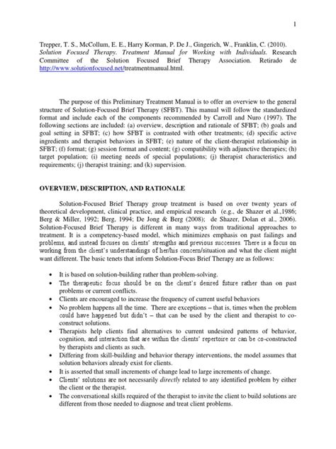 Sfbt Treatment Manual Trepper Et Al 2010 Pdf Psychotherapy