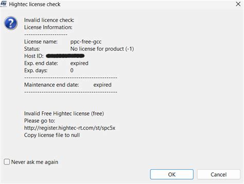 solved null license path for hightec stmicroelectronics community