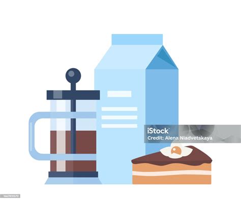 커피 타임 개념 그림입니다 커피와 케이크가 포함 된 이른 아침 식사 커피 케이크 우유 벡터 그림입니다 라떼에 대한 스톡 벡터