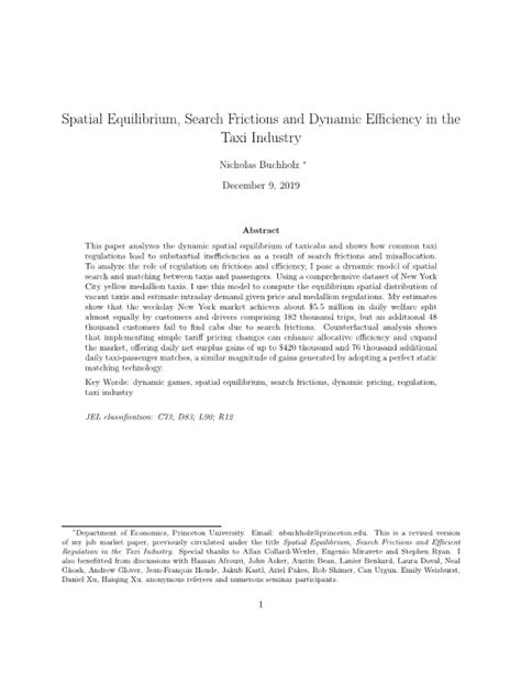 Spatial Equilibrium Search Frictions And Dynamic Eﬃciency In The Taxi Industry Docslib