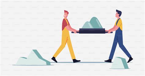 제복을 입은 건축업자들은 망가진 잔해를 들것에 실어 나릅니다 노동자 남성 캐릭터는 건물을 철거하고 건설 현장에서 일하면서