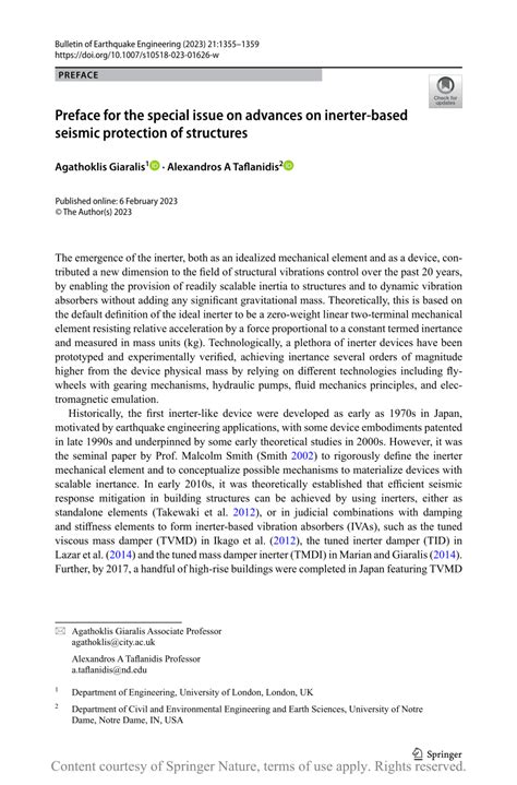 Pdf Preface For The Special Issue On Advances On Inerter Based Seismic Protection Of Structures