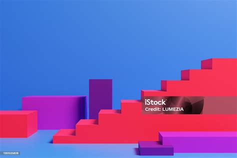 기하학적 모양과 빨간색 계단의 다채로운 3d 그림 3차원 형태에 대한 스톡 사진 및 기타 이미지 3차원 형태 개념 개념과 주제 Istock