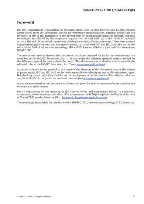 ISO IEC 19794 1 2011 Amd 2 2015 Information Technology Biometric Data Interchange Formats Part