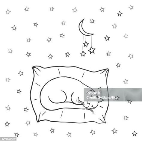 베개에 귀여운 잠자는 고양이 밤 하늘에 별 아기 낙서 색칠 페이지 만화 캐릭터 고양이 유치한 개요 일러스트 손으로 그린 벡터 키즈 패브릭 섬유 어린이 포장 가공의 인물에