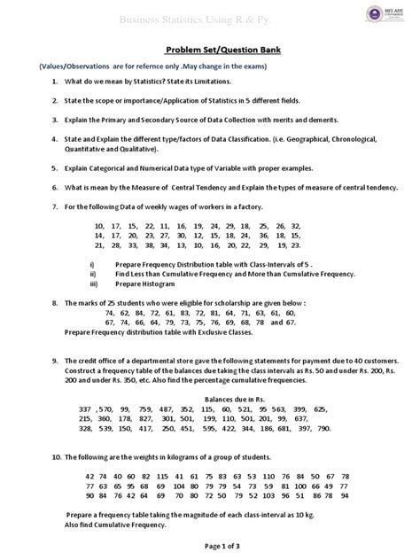 Business Statistics Problem Set Pdf