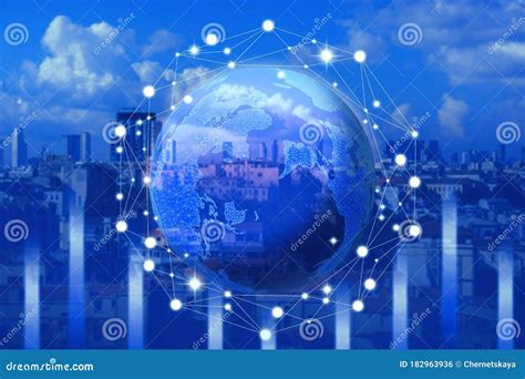 Futuristic Communication Technology World Globe With Network Illustrations On City Background