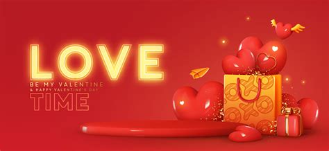 발렌타인 데이 배경 레드 라운드 포디움 제품 프로모션을위한 무대 스튜디오 사실적인 3d 디자인 레드 기프트 박스 쇼핑백 편지 사랑 골드 네온 조명 텍스트 크리에이티브 로맨틱