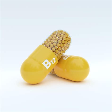 Premium Photo Vitamin B12 With Yellow Capsule Granules And White