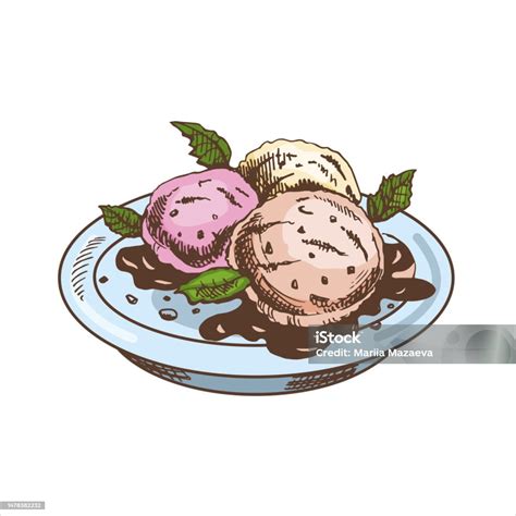 초콜릿 소스가 든 접시에 아이스크림 공을 손으로 그린 컬러 스케치 빈티지 그림입니다 라벨 포장 및 엽서 디자인을위한 요소 구에 대한 스톡 벡터 아트 및 기타 이미지 Istock