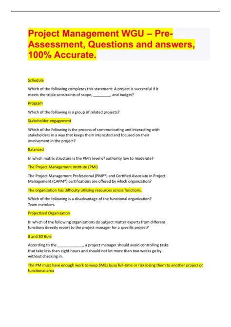 Project Management WGU Pre Assessment Questions And Answers 100 Accurate WGU Stuvia US