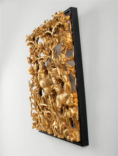 Mid 20th Century Oriental Carved Gilt Wood Wall Sculpture Rooster