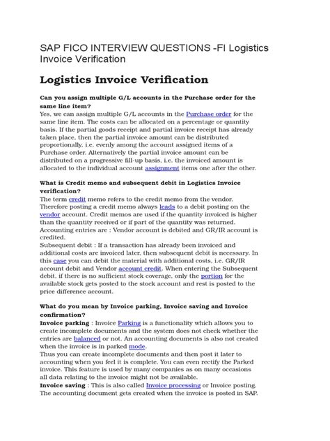 Sap Fico Interview Question Logistic Invoice Verification Pdf