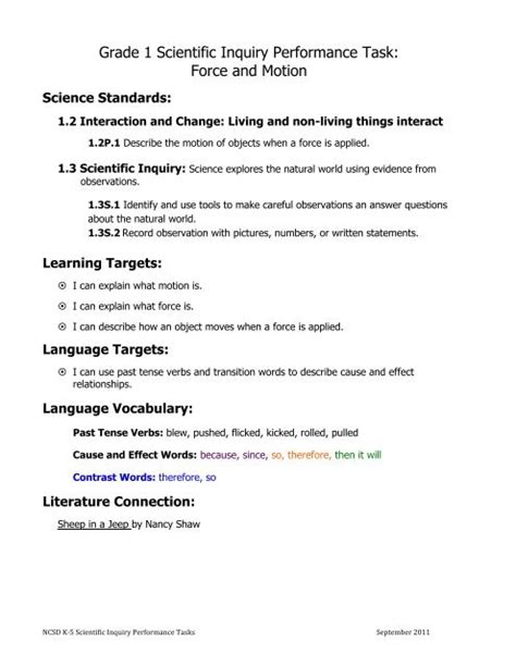 Grade 1 Scientific Inquiry Performance Task Force And Motion